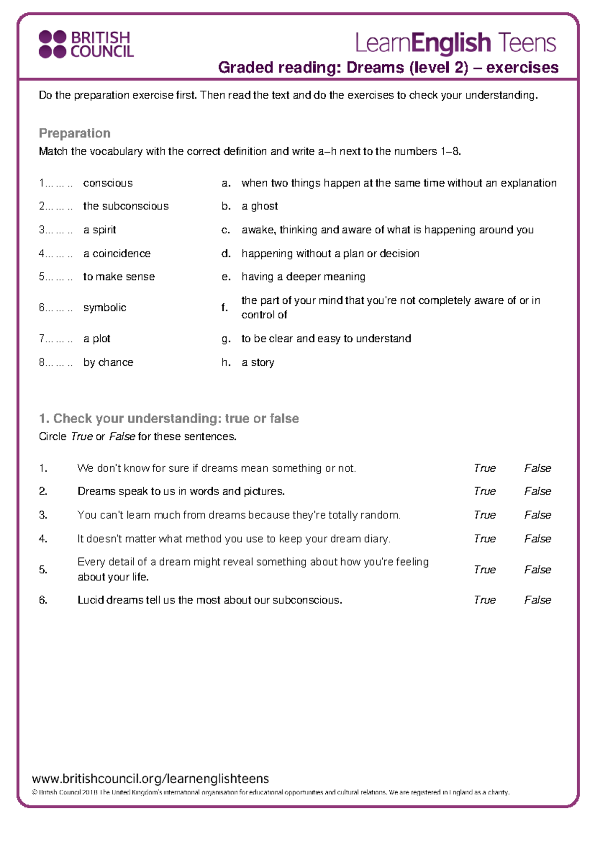 Lesson 10 - jjj - Graded reading: Dreams (level 2) – exercises Do the ...