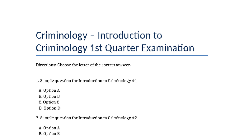 Criminology CRIM101 1st Quarter Exam Sample Questions & Answers - Studocu