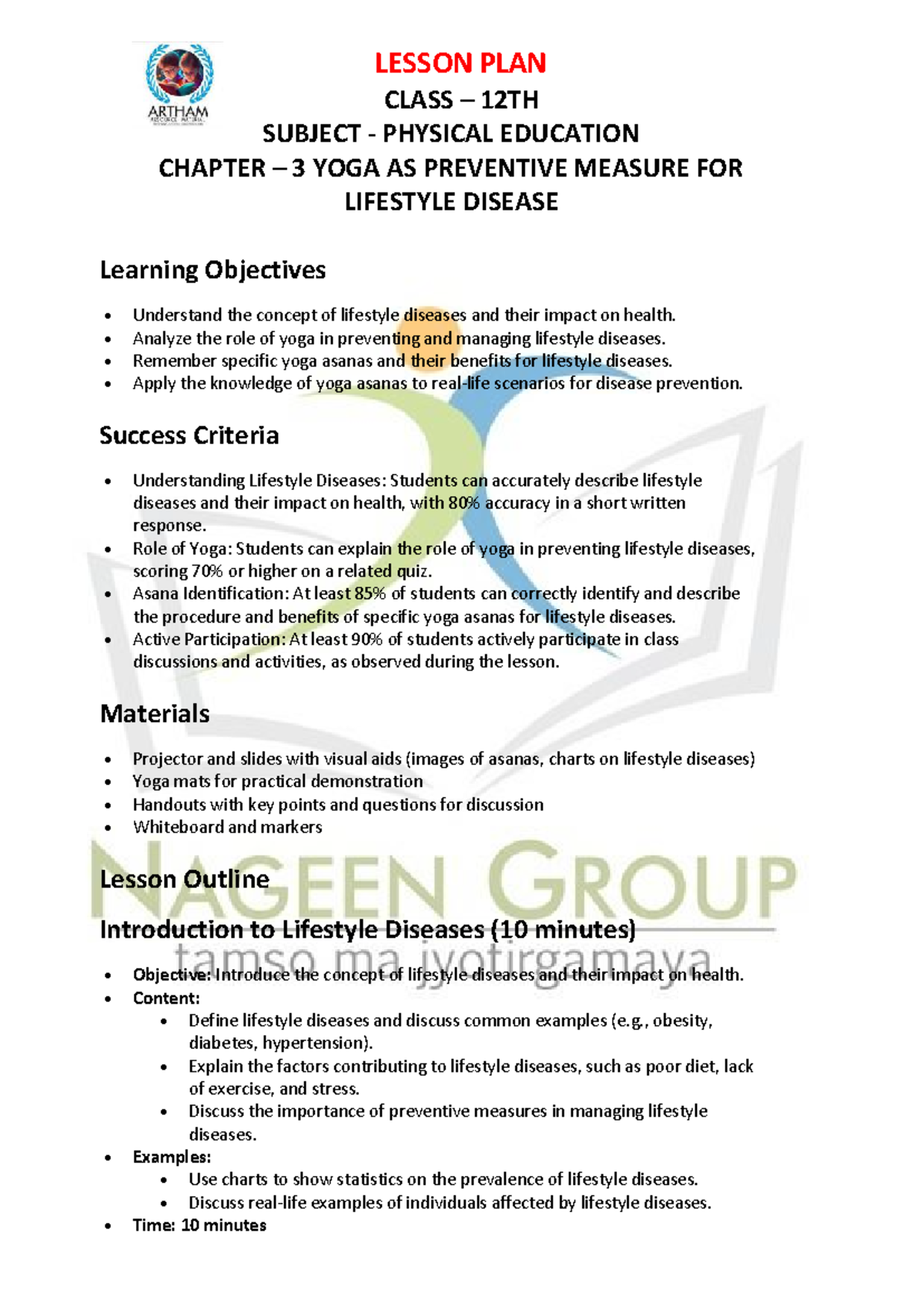 Class 12 Lesson Plan: Physical Education Chapter 3 - Yoga for Lifestyle ...