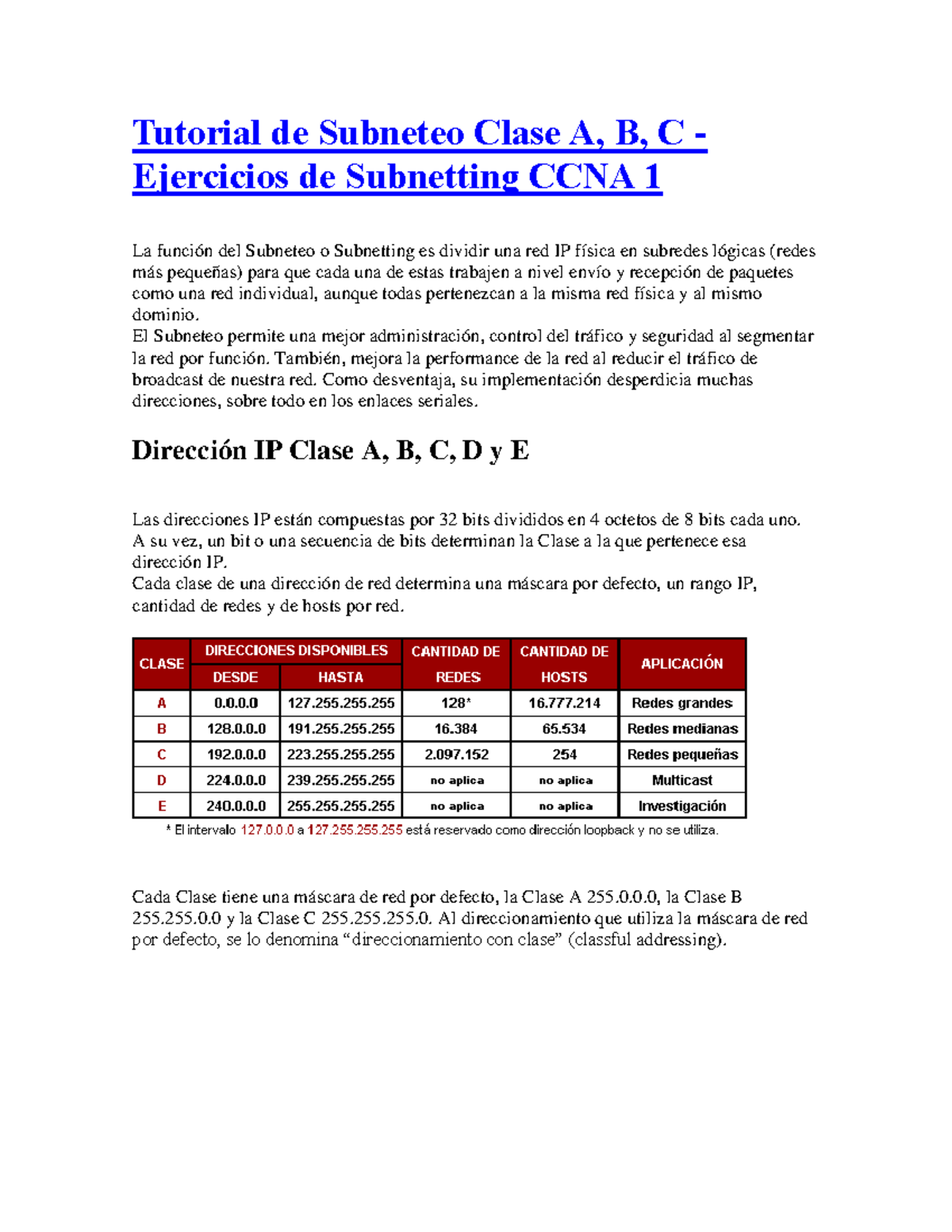 Subneteo de Redes IP Clase A y C - Ejercicios CCNA 1 - Studocu
