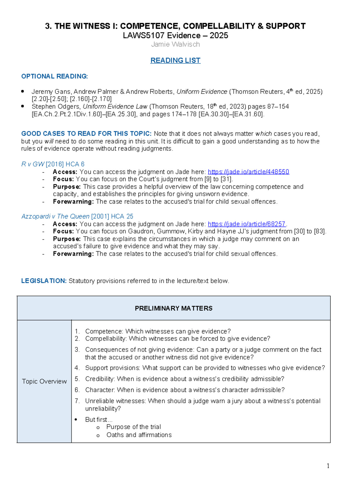 Lecture Outline - Week 3: Competence & Compellability in Evidence ...