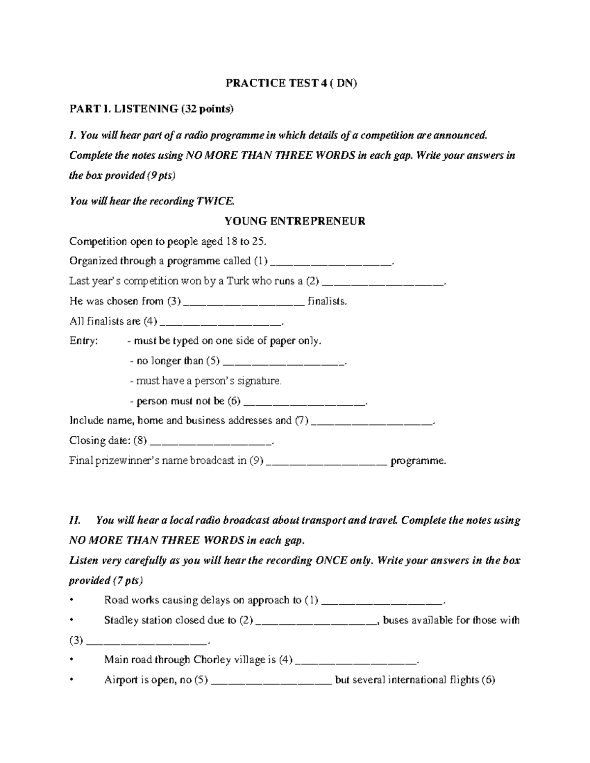 PRACTICE TEST 4 (DN) - LISTENING & GRAMMAR EXERCISES - Studocu