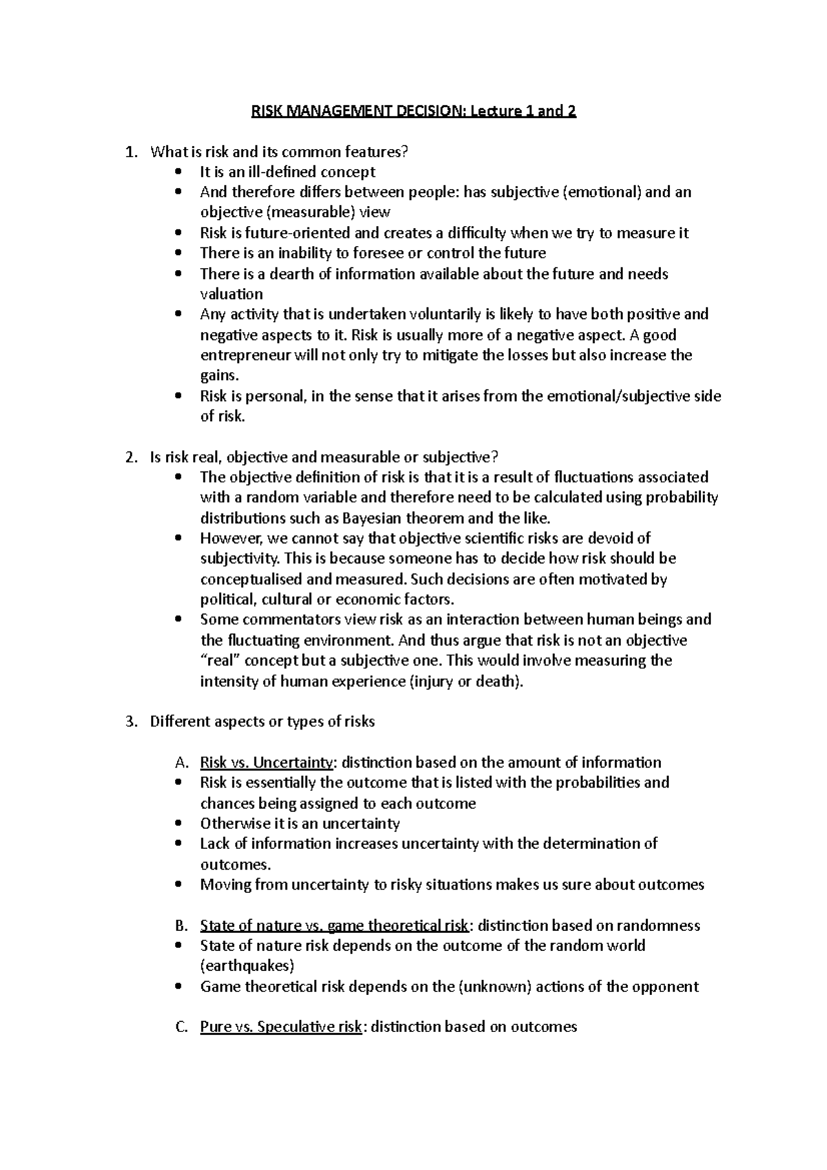 RISK - Topic 1 - Lecture notes 1 - RISK MANAGEMENT DECISION: Lecture 1 ...