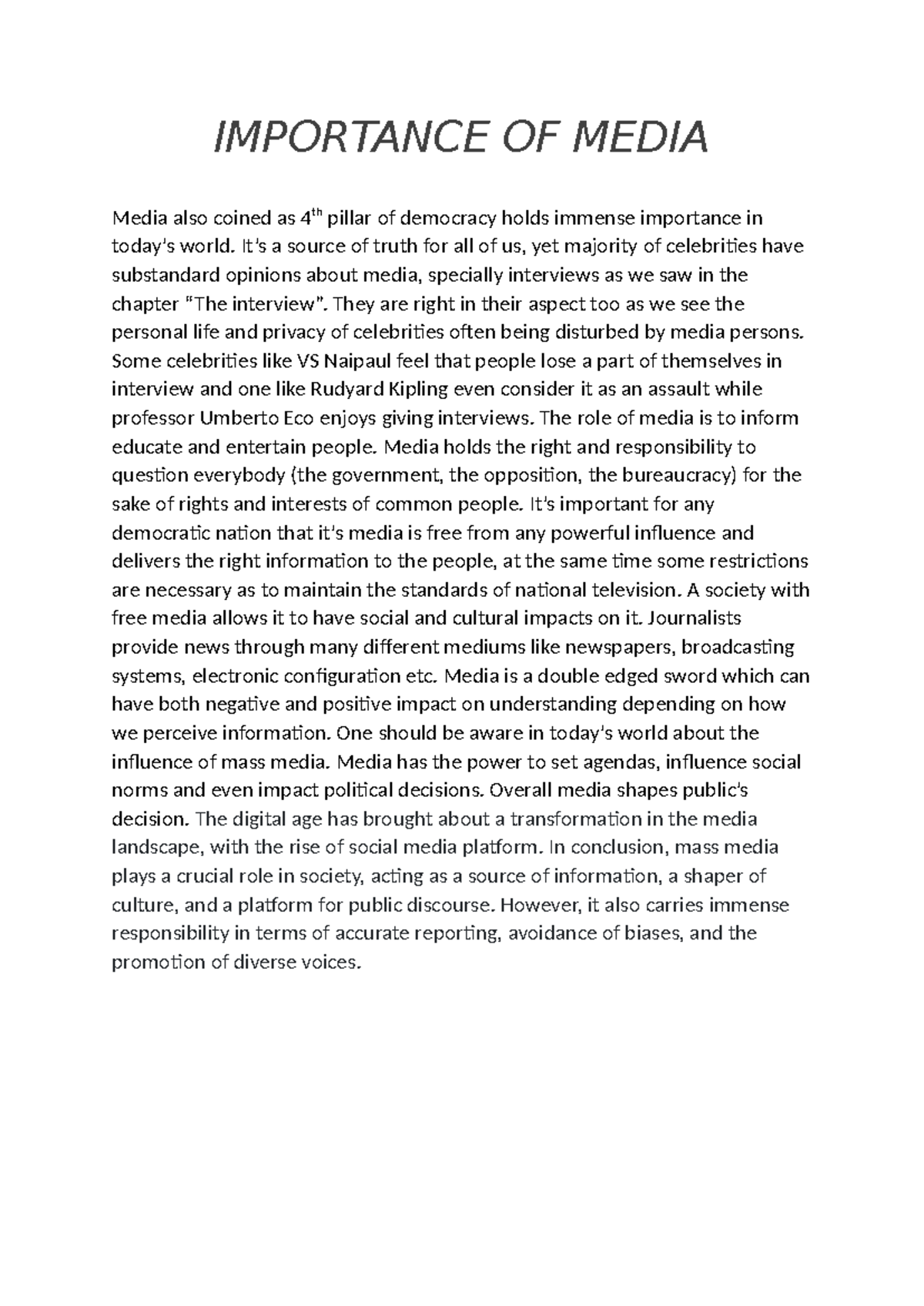 Importance of Media in Democracy: Insights for English Practicals - Studocu