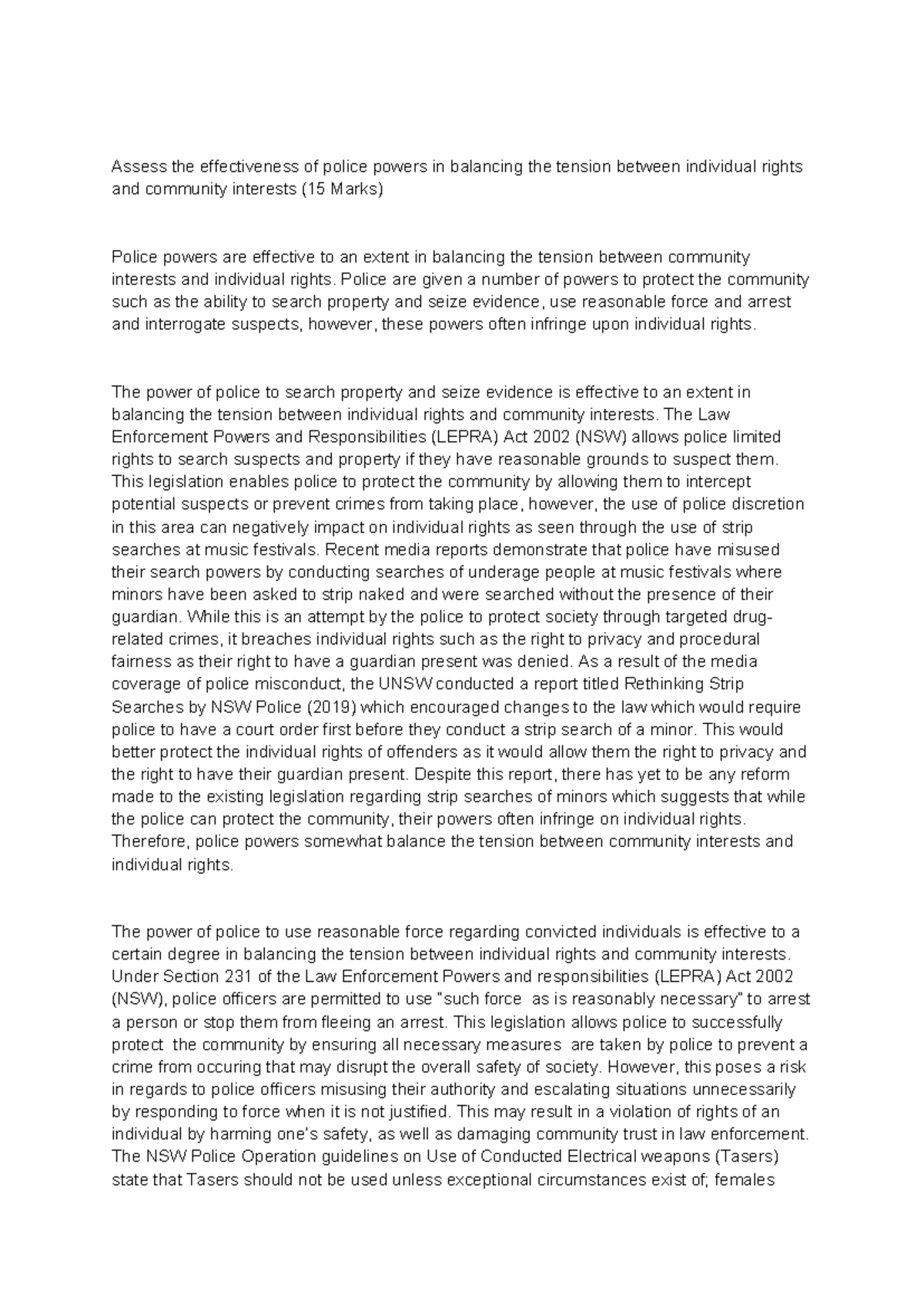 Effectiveness of Police Powers on Individual Rights vs. Community ...