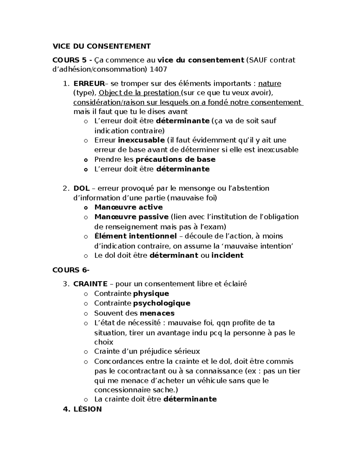 VICE DU CONSENTEMENT - Cours 5 à 10 : Révision des Termes Clés - Studocu