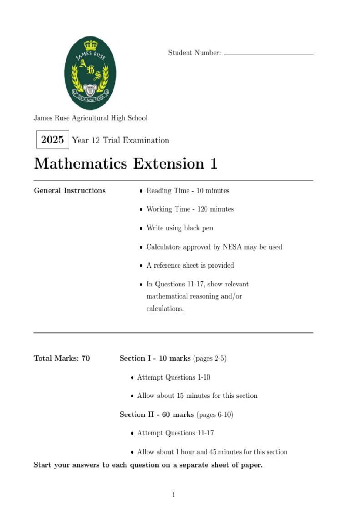 Mathematics Extension 1 Year 12 Trial Exam 2025 - James Ruse - Studocu