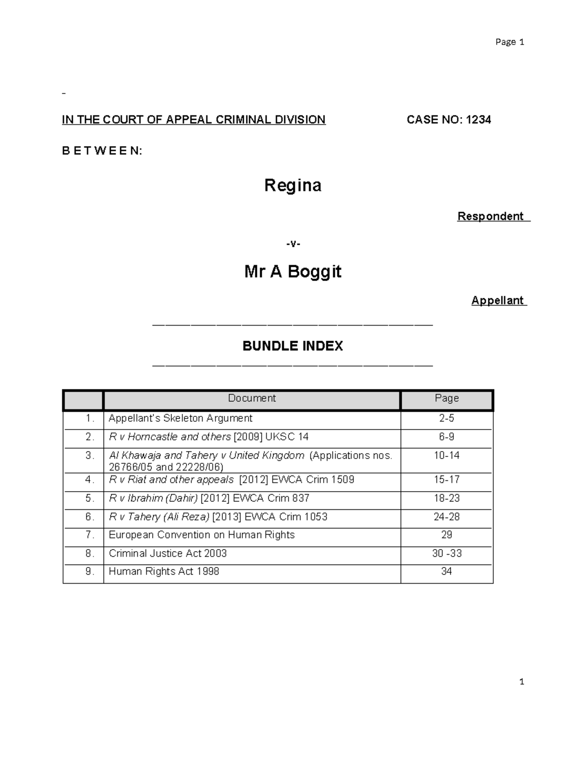 Appellant Skeleton Argument for Criminal Case CA1234: Sample Bundle ...