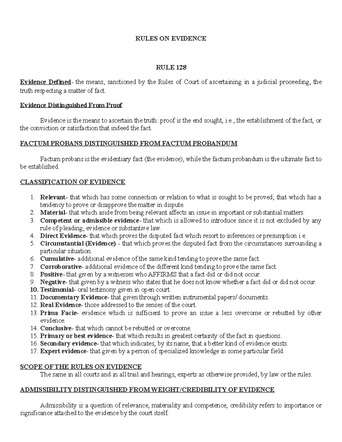 Rules on Evidence: Key Definitions and Admissibility Criteria - Studocu