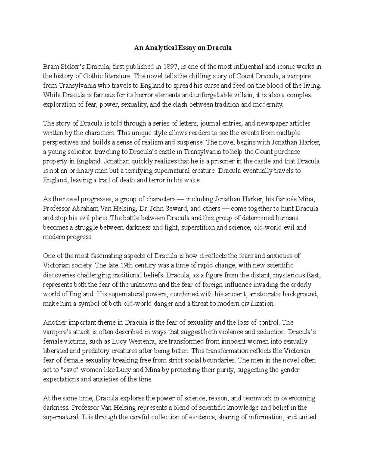 Analytical essay on Dracula (ENG 101) - themes and character analysis ...