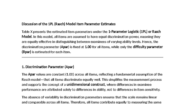 Discussion of the 1PL Model: Item Parameter Estimates Analysis - Studocu