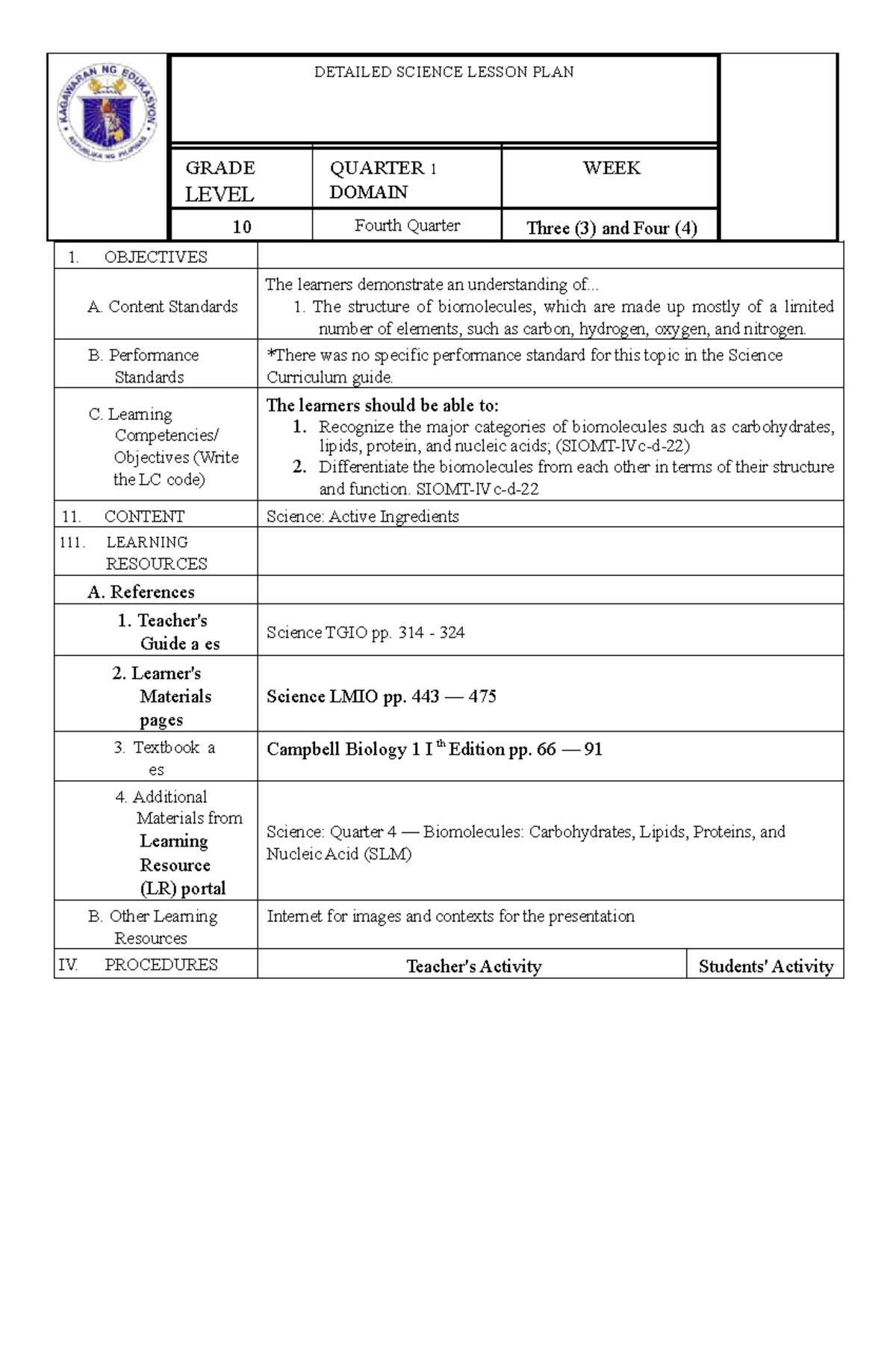 Detailed Science Lesson Plan: Biomolecules for Grade 10 (Quarter 4 ...