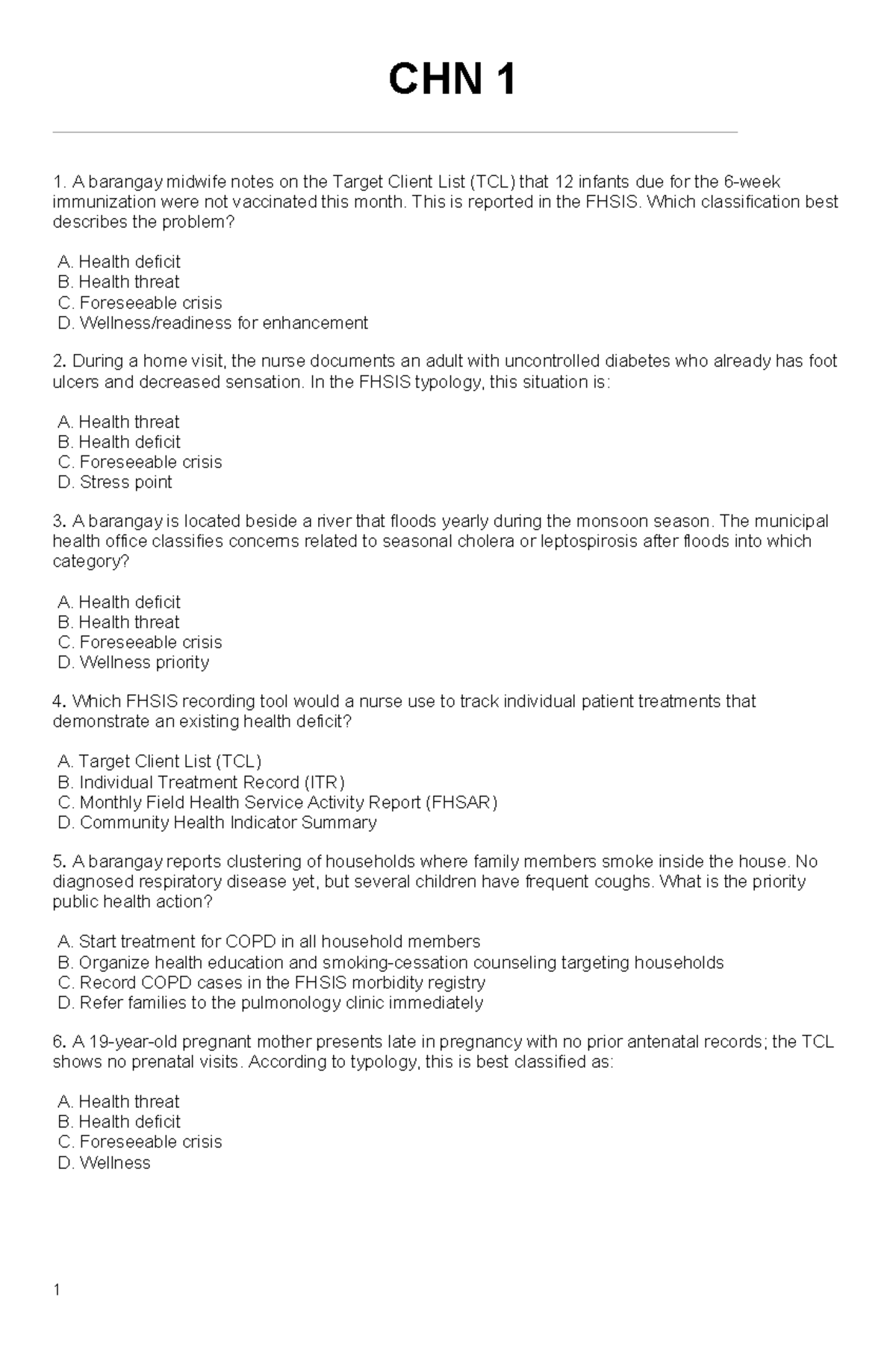 CHN 1 - Midterm Review: FHSIS Classifications & Family Health - Studocu