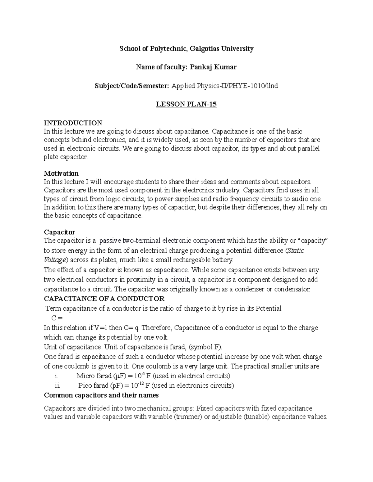 Lesson Plan 15 - Lecture Notes on Capacitance (PHYE-1010) - Studocu
