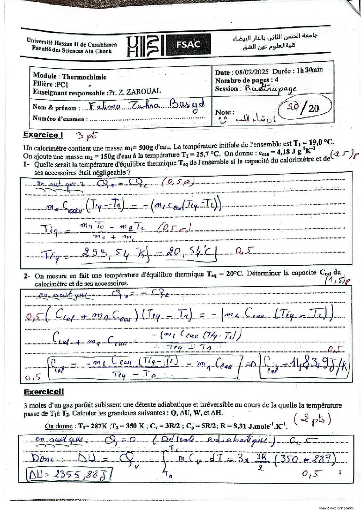 Examen Rattrapage Thermochimie S1 PC 2025 avec Correction - Studocu