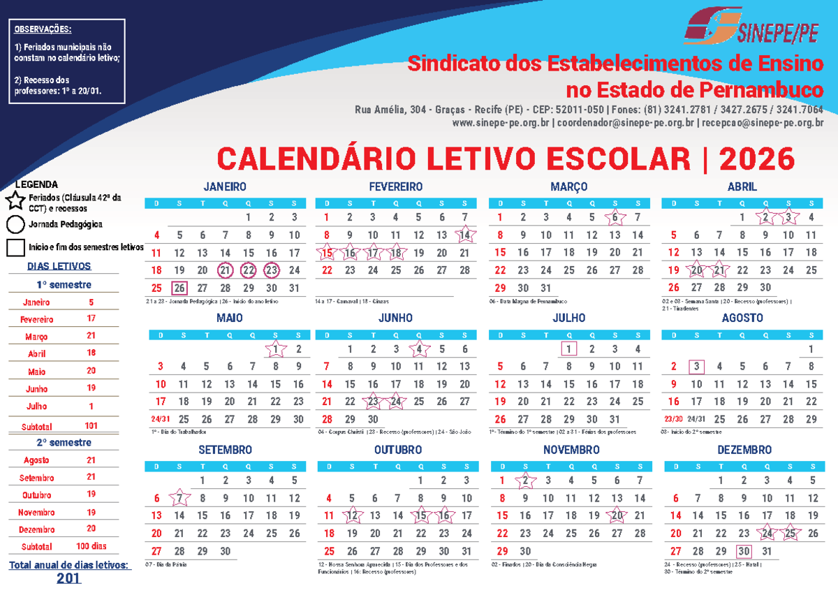 Calendário Letivo Escolar 2026 - PE - Studocu