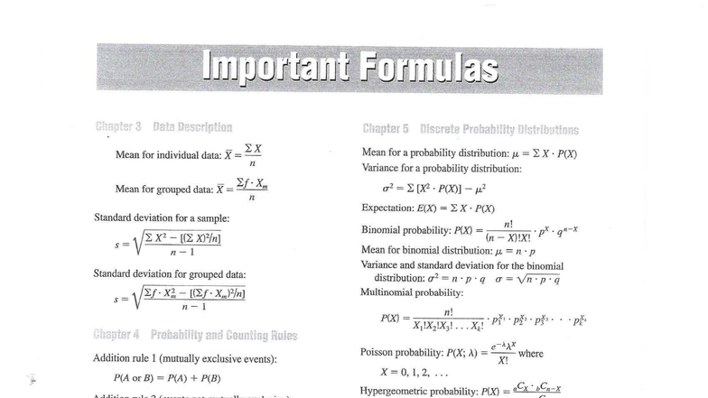 Math1342 Final Exam Formulas: Data Description & Probability ...