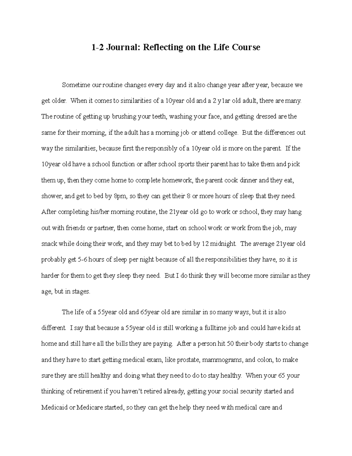 1-2 Reflection on Life Course Stages and Changes CHE 325 - Studocu