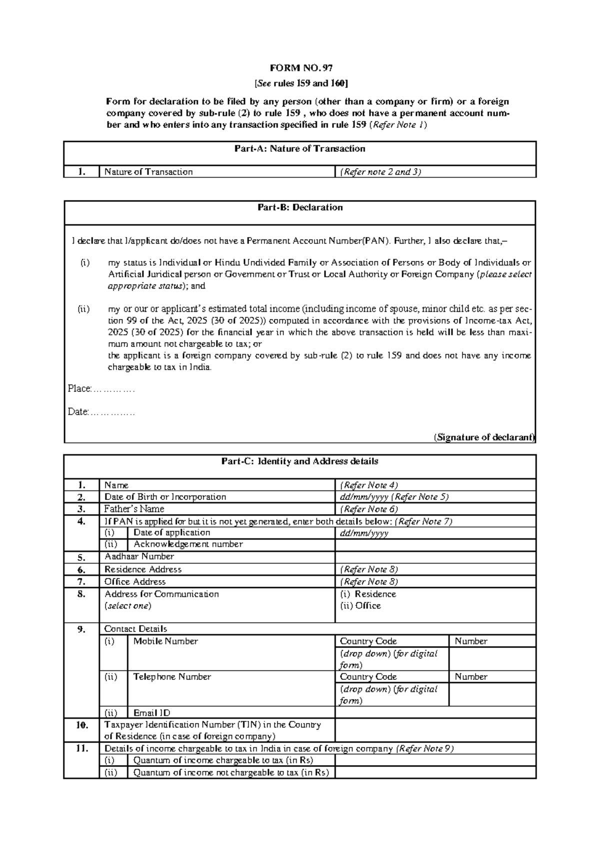 Form No. 97: Declaration for Transactions Without PAN - Studocu