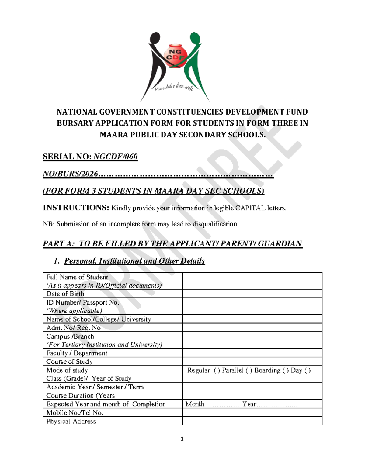 NATIONAL GOVERNMENT BURSARY APPLICATION FORM FOR FORM 3 STUDENTS - Studocu