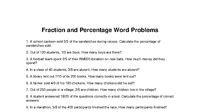 Fraction and Percentage Word Problems: Practice Exercises - Studocu