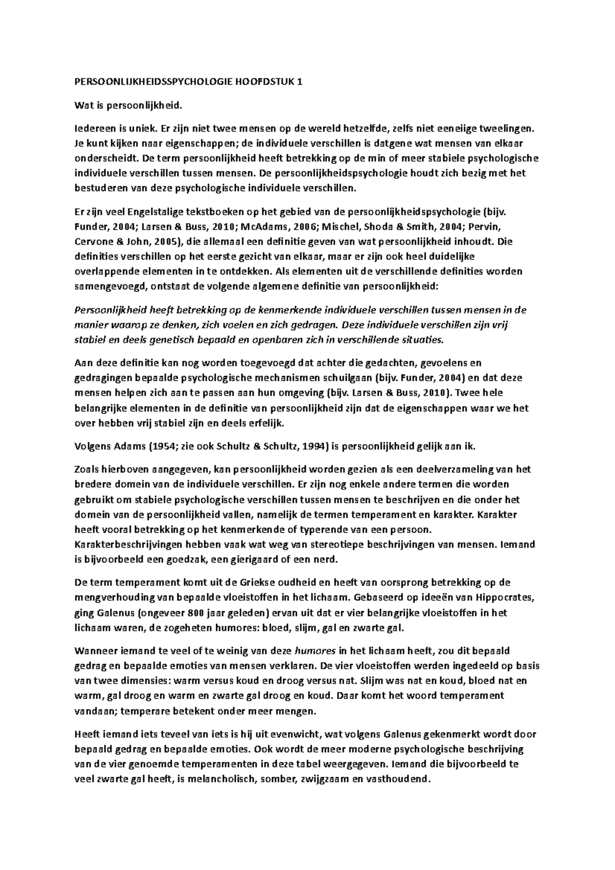 Persoonlijkheid Psychologie Hoofdstuk 1: Definitie & Stabiliteit ...