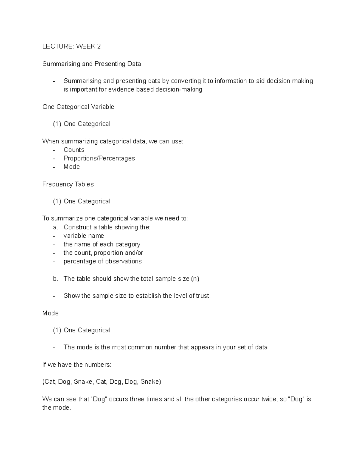 LECTURE: WEEK 2 - Summarizing & Presenting Data in Business Statistics - Studocu