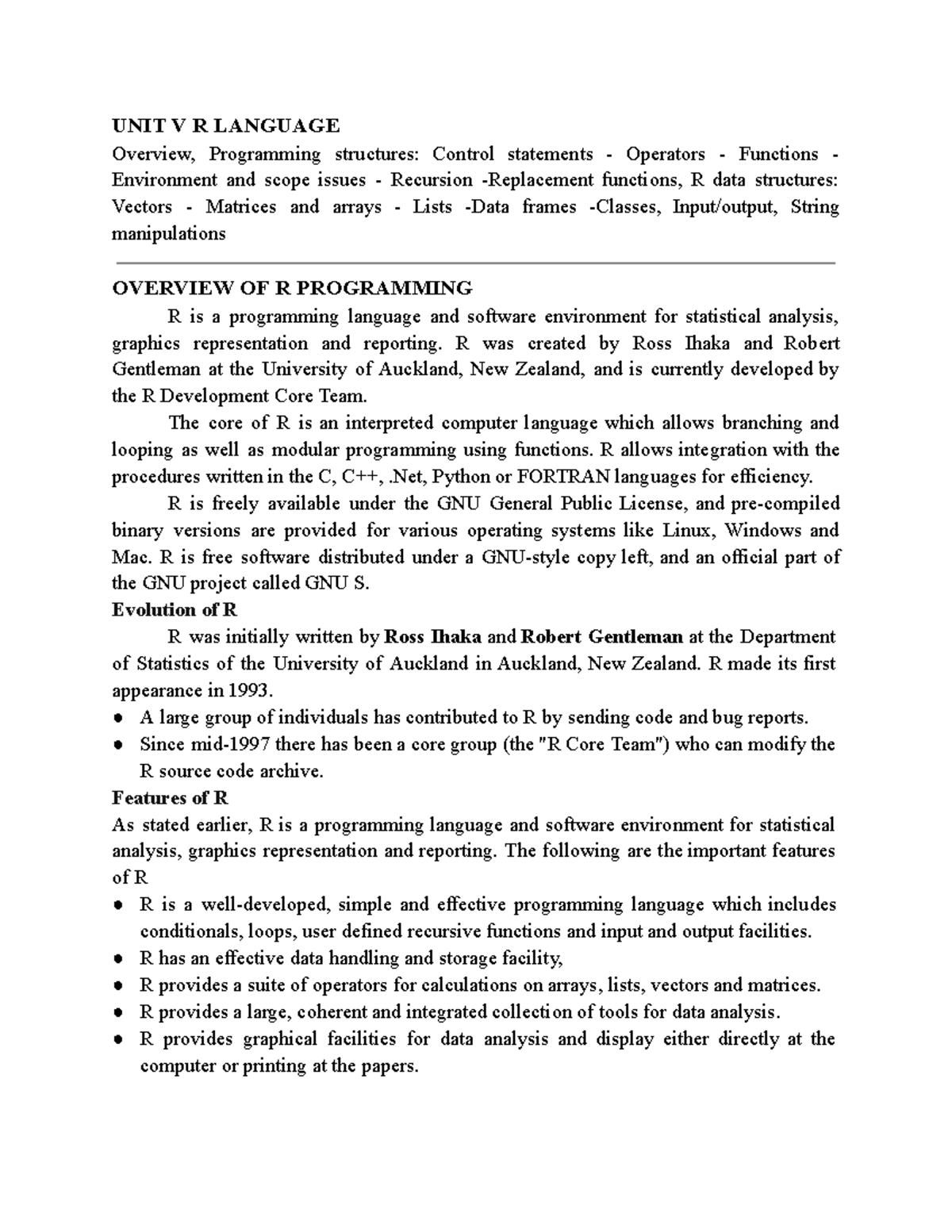 UNIT V R Language: Control Structures, Data Types, and Functions - Studocu