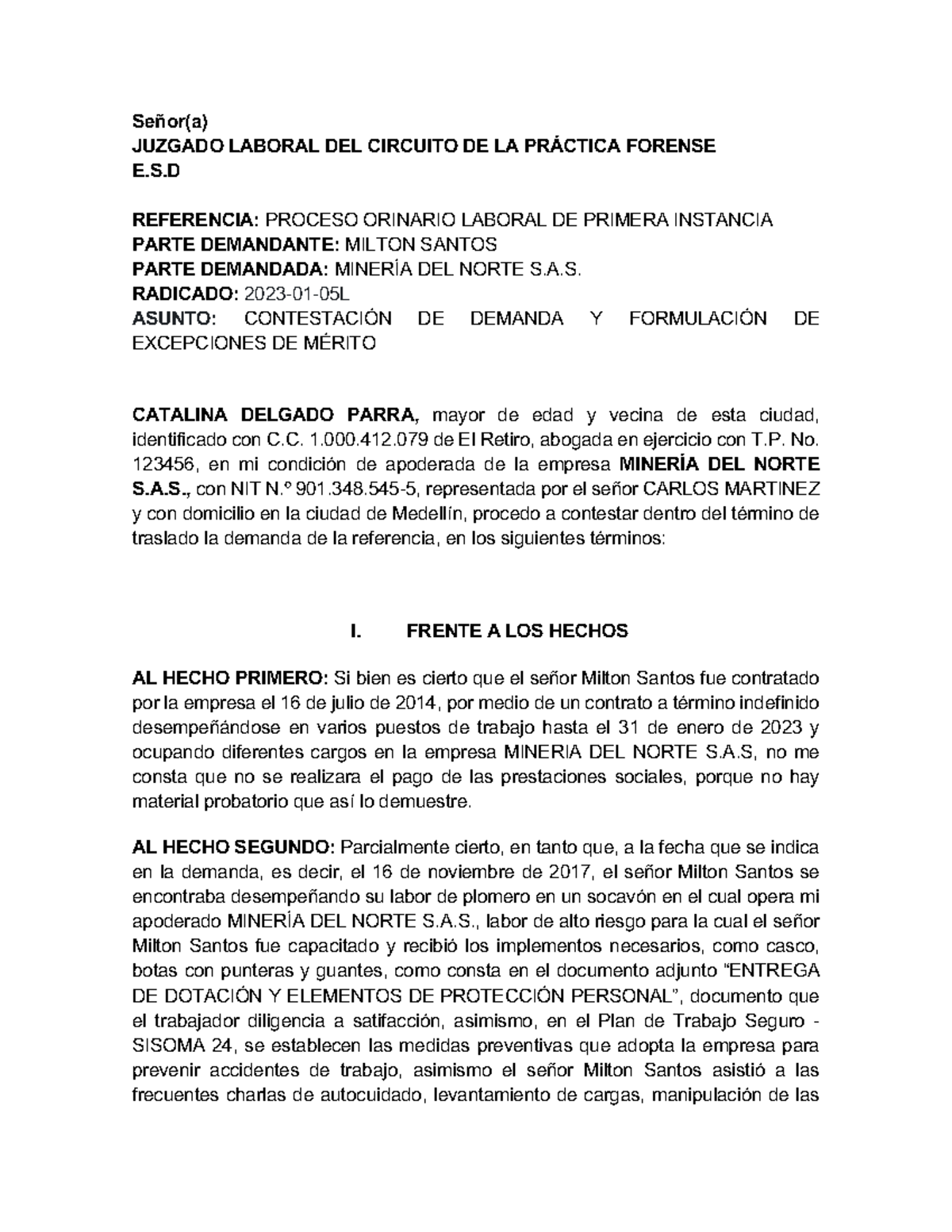 Contestación de Demanda por Culpa Patronal - Proceso Laboral 2023 - Studocu