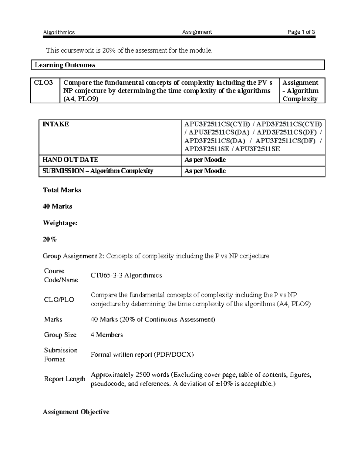 CT065-3-3-ALG-L6 Group Assignment 2: Analyzing Algorithm Complexity ...