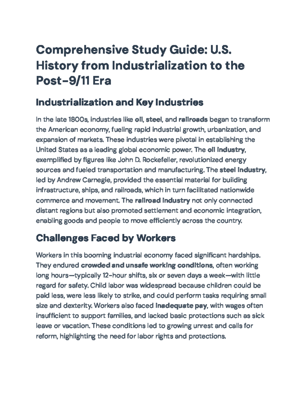 Comprehensive Study Guide: U.S. History from Industrialization to Post ...