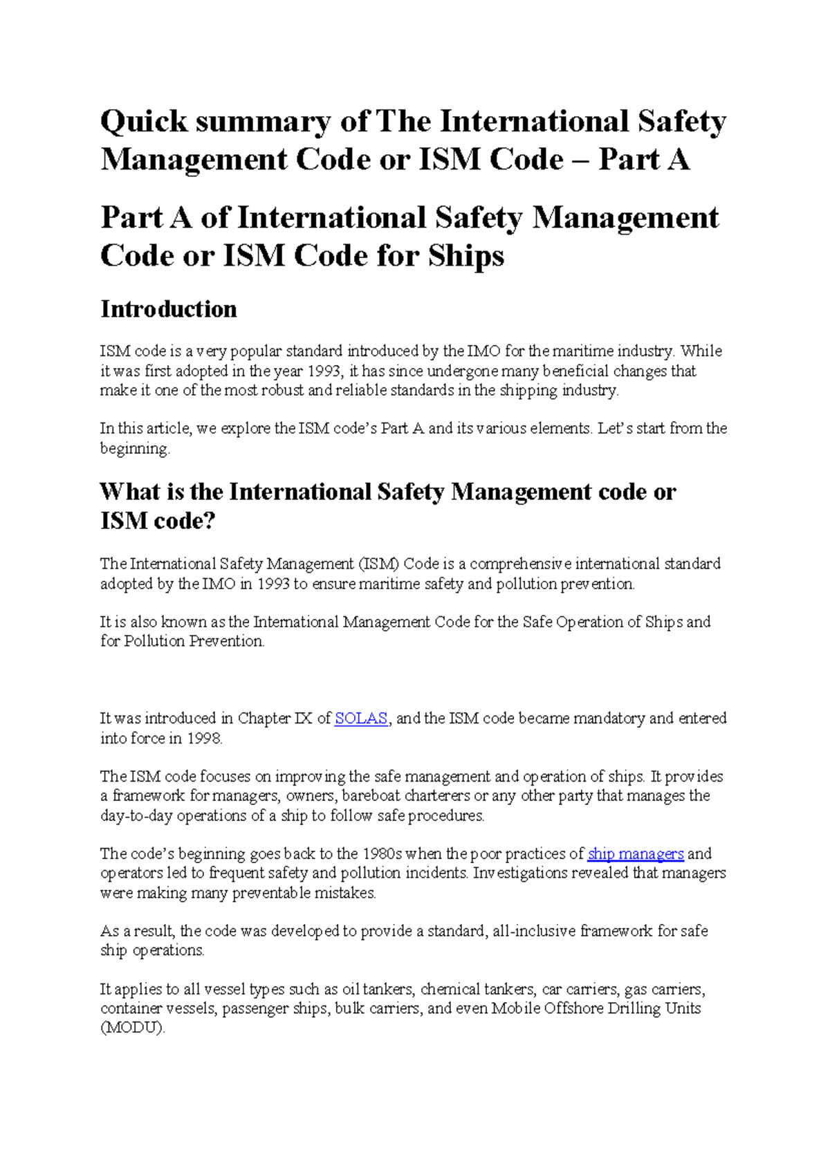 ISM Code Summary: Key Elements of Part A for Ships - Studocu