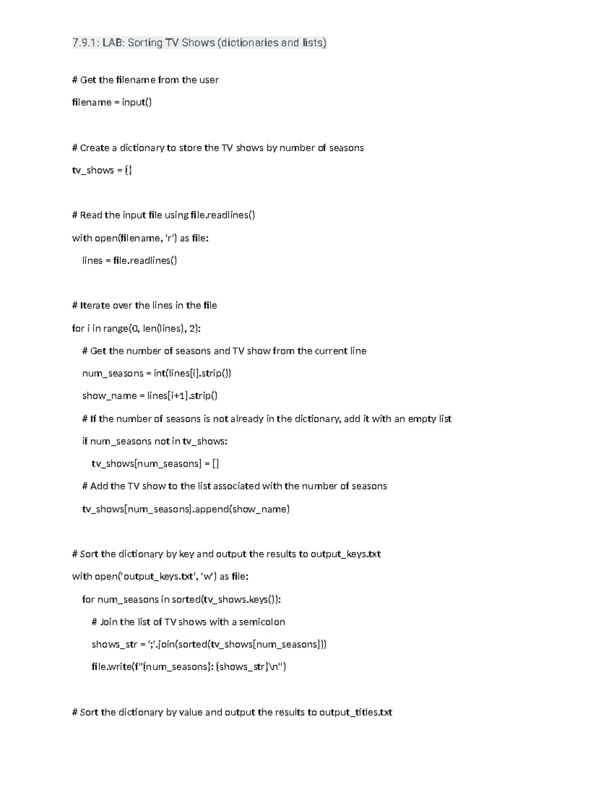 Zy Labs 7.9.1: LAB on Sorting TV Shows with Dictionaries & Lists - Studocu