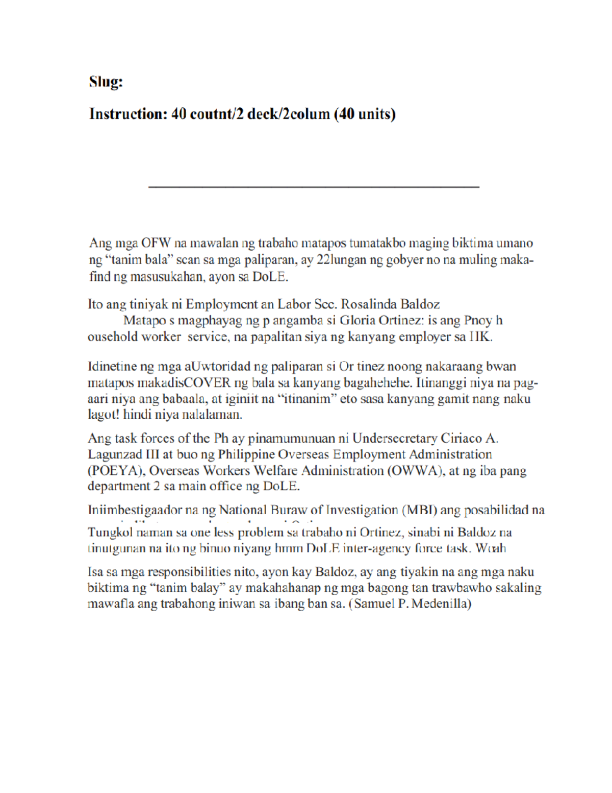 Pagsusuri at Pagsasanay sa Kopya ng Balita: Filipino 40 - Studocu