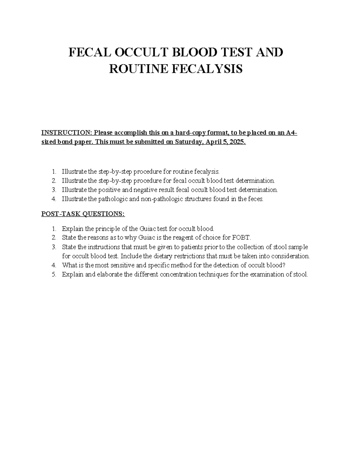 Fecal Occult Blood Test & Routine Fecalysis Procedures (MED101) - Studocu