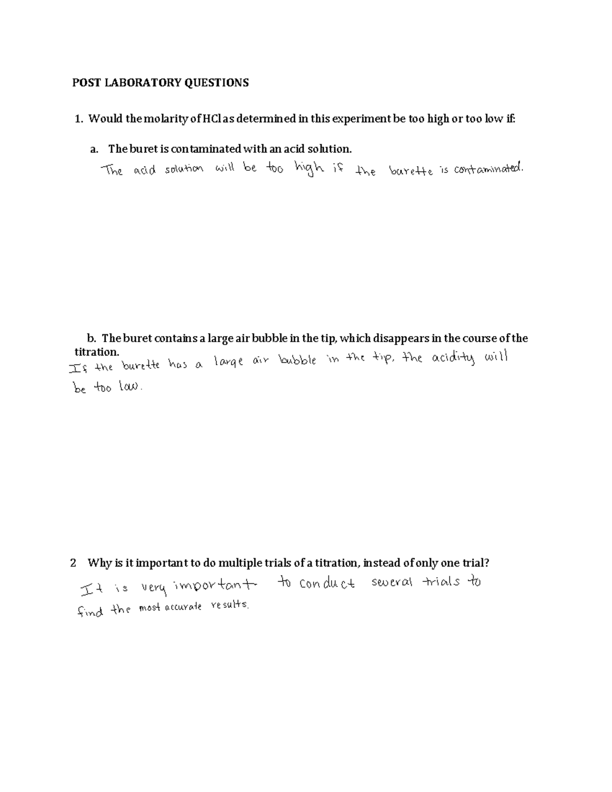 Post-Laboratory Questions for Titration Experiment (CHEM101) - Studocu