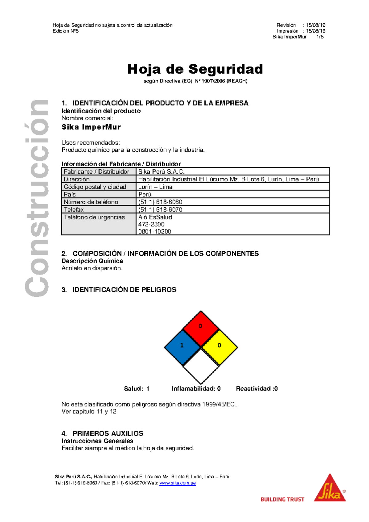 Hoja de Seguridad Sika ImperMur Edición Nº5 - Construcción - Studocu