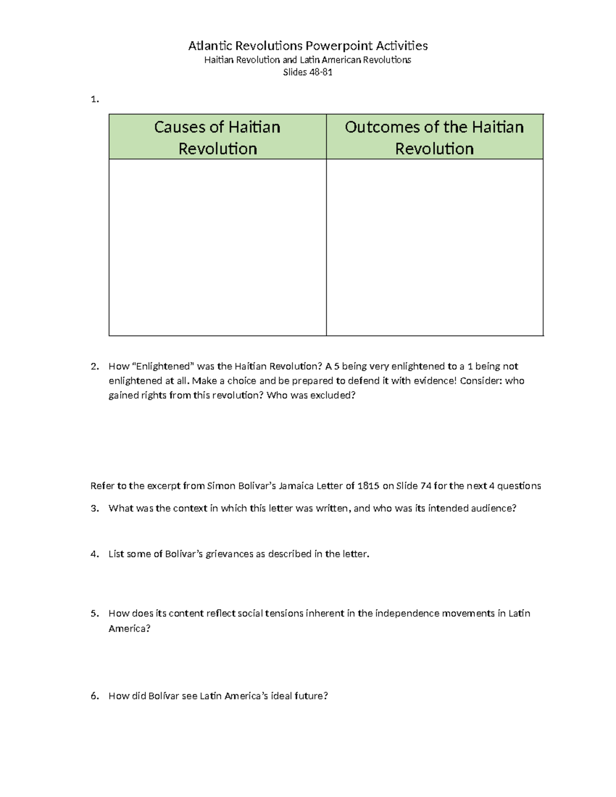 Atlantic Revolutions (HIST 201) PPT Activities: Haitian & Latin ...