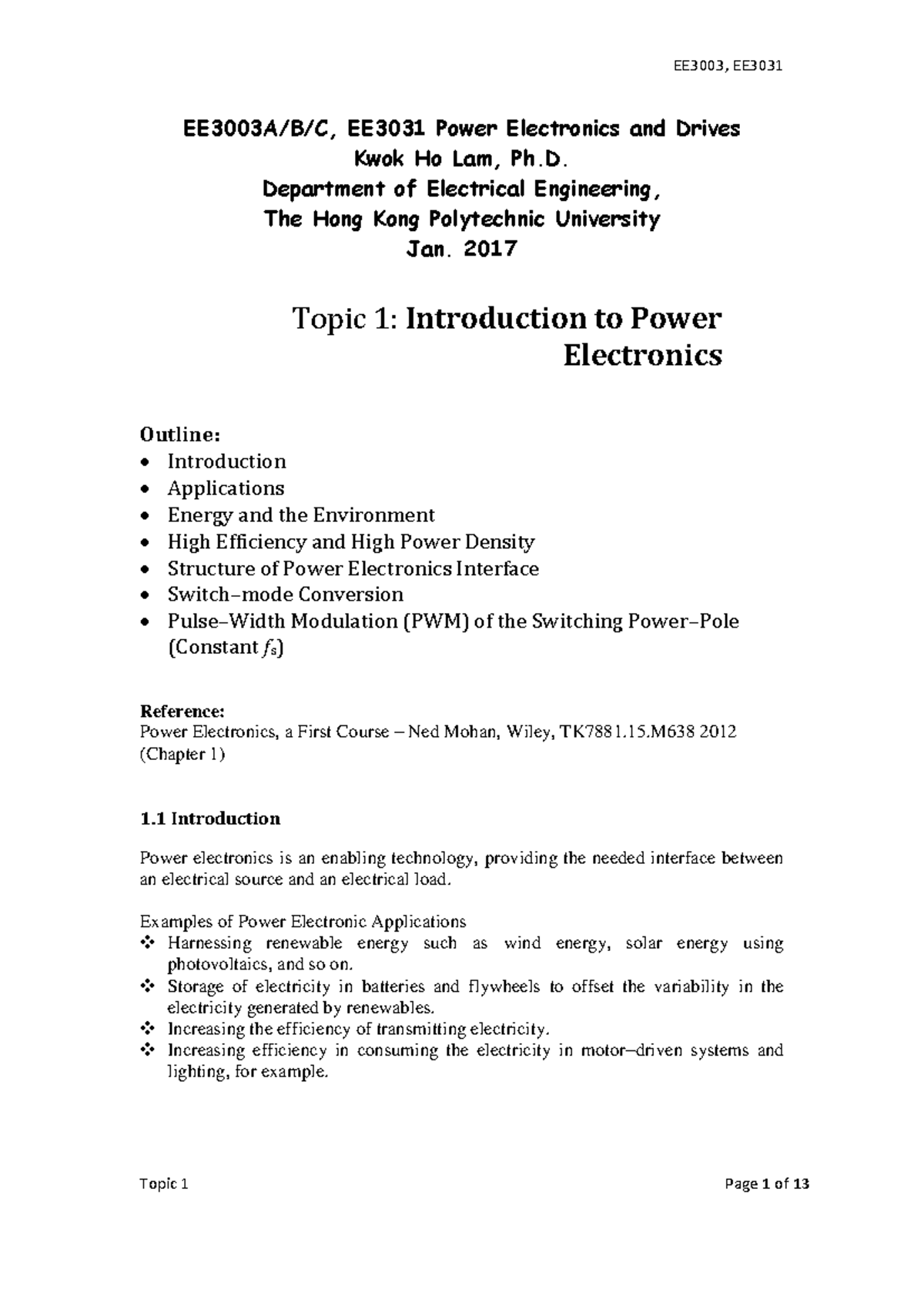EE3003 Topic 01: Intro to Power Electronics & Applications - Studocu