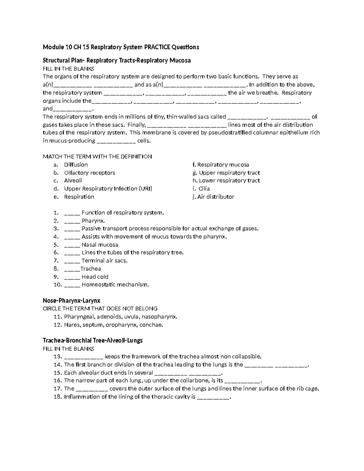 Module 10 CH 15 Respiratory System Practice Questions & Fill in the ...