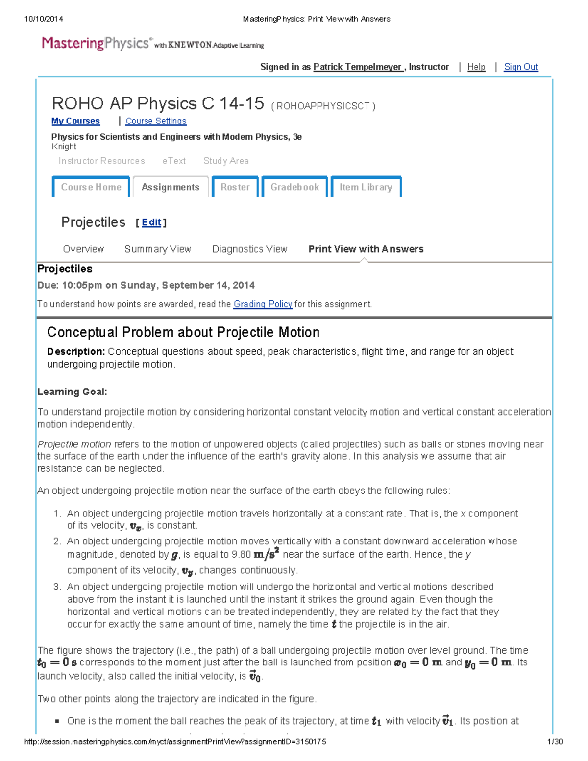 Projectile Motion Review Answers for ROHO AP Physics C (ROHOAPPHYSICSCT ...