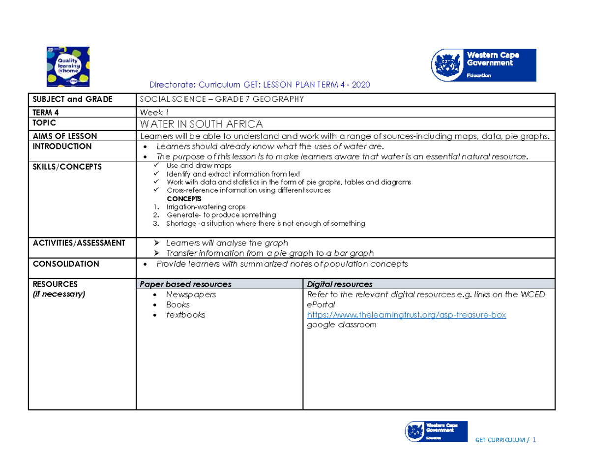 Lesson Plan: Grade 7 SS Geography T4 Week 1 - Studocu