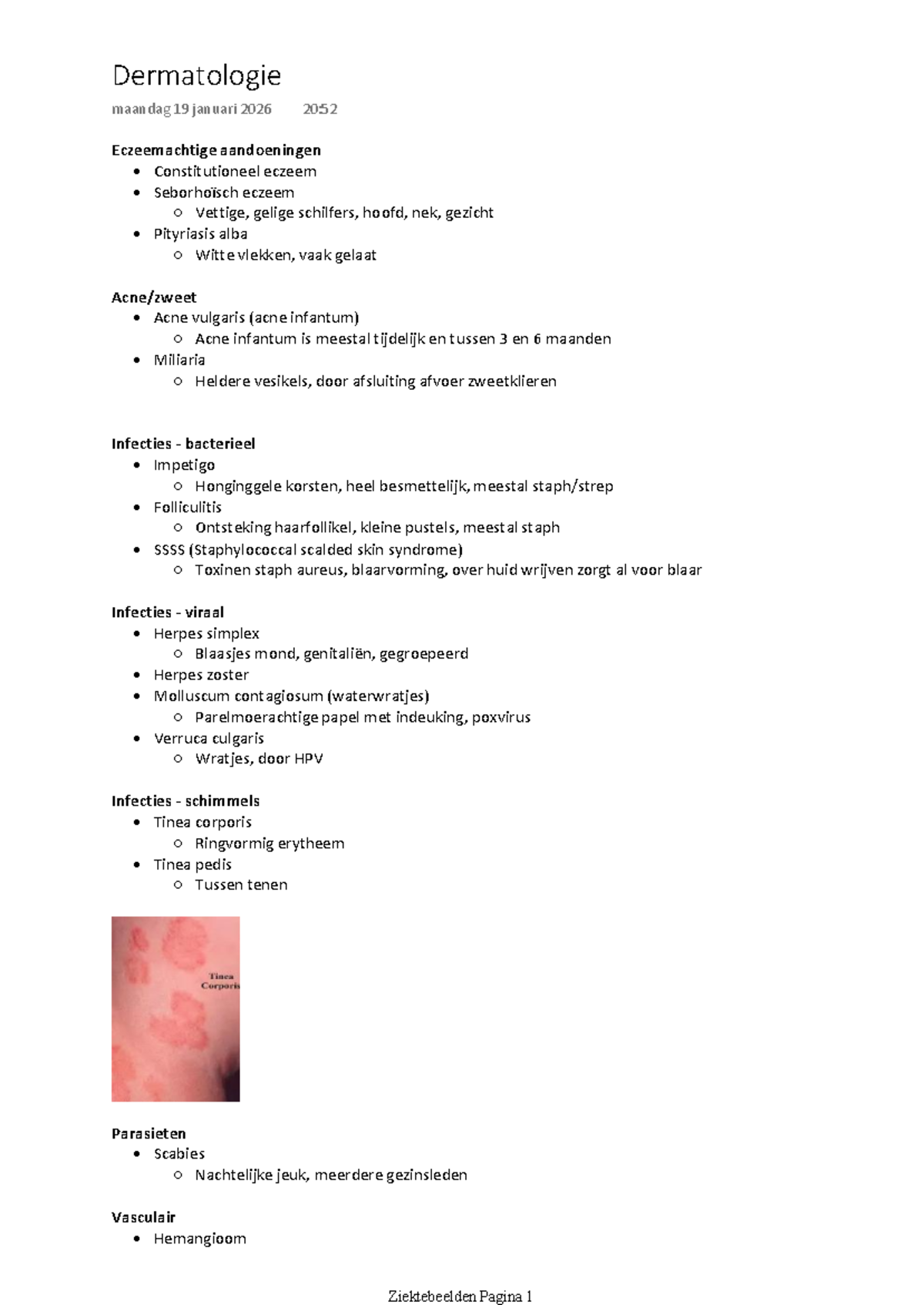 Dermatologie Ziektebeeldenlijst - Aandoeningen en Symptomen - Studeersnel