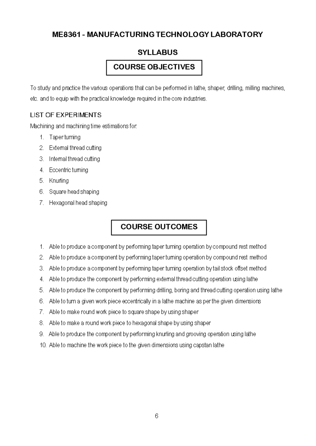ME8361 Manufacturing Technology Lab Manual: Practical Operations ...