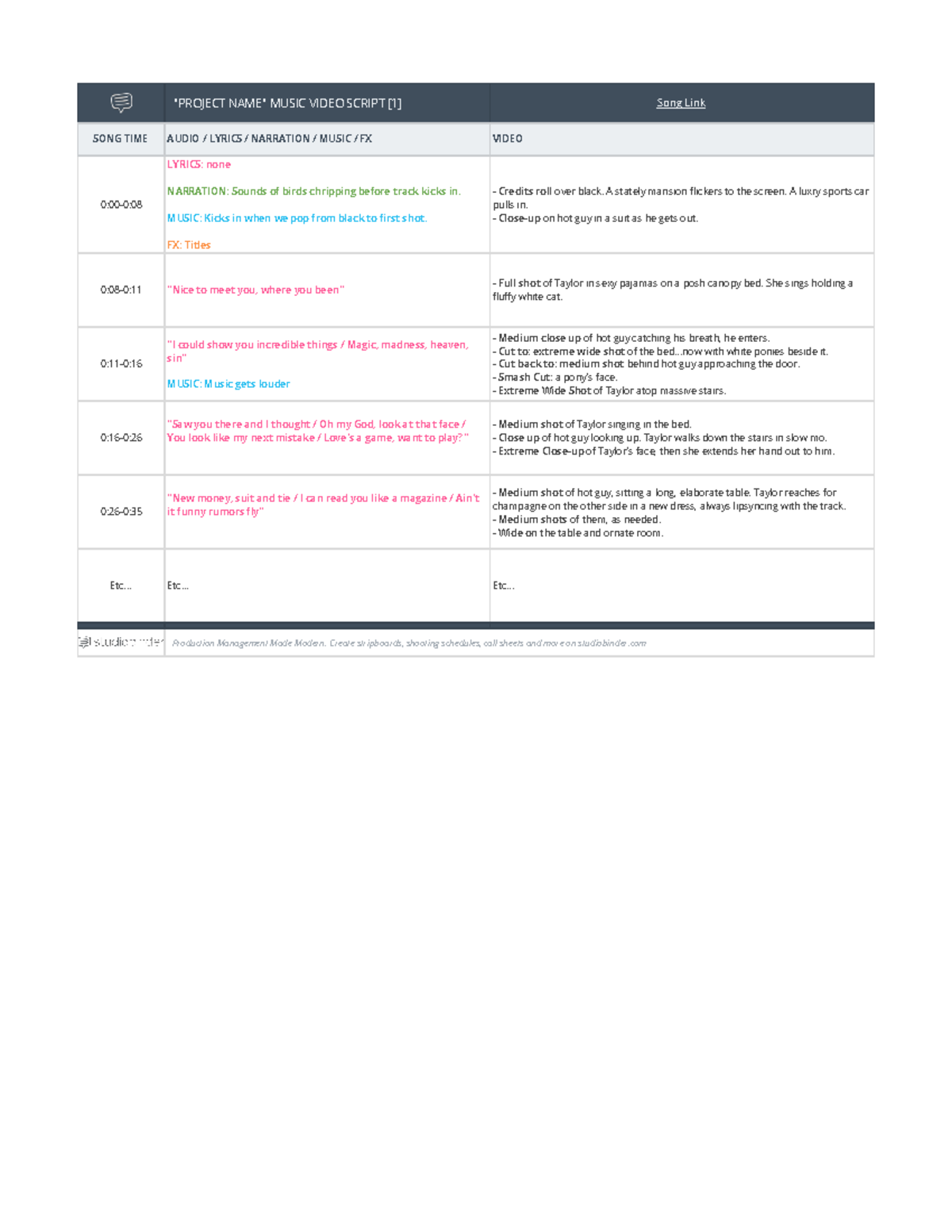 Music Video Script Template - Studio Binder - "PROJECT NAME" MUSIC ...