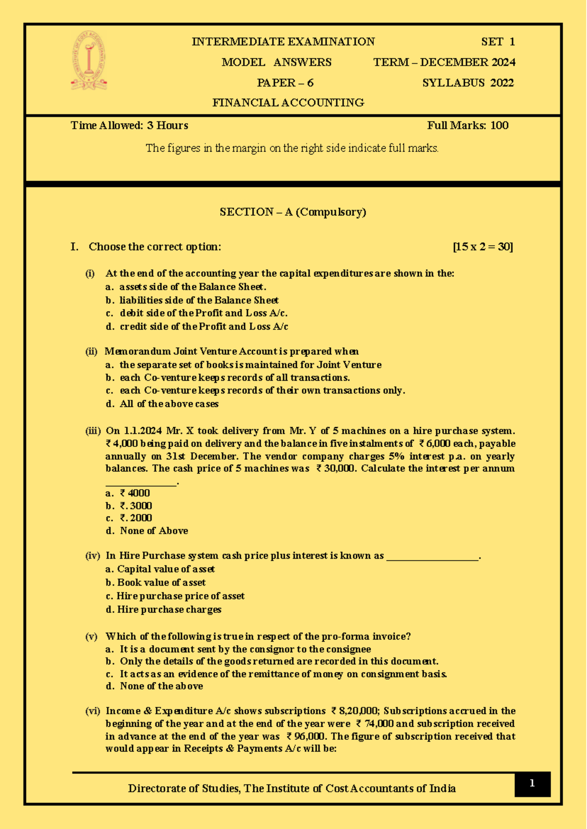 INTERMEDIATE EXAMINATION MODEL ANSWERS PAPER 6 SET 1 DECEMBER 2024 ...