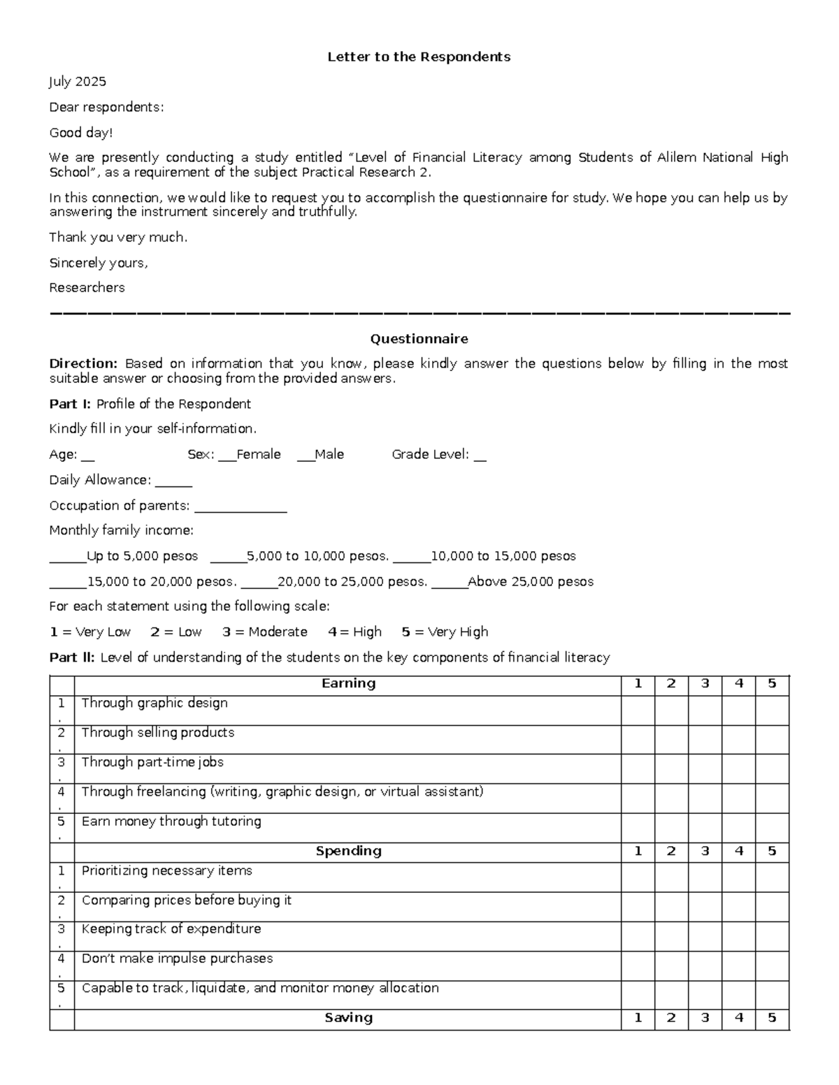 Financial Literacy Study Questionnaire - Practical Research 2 - Studocu