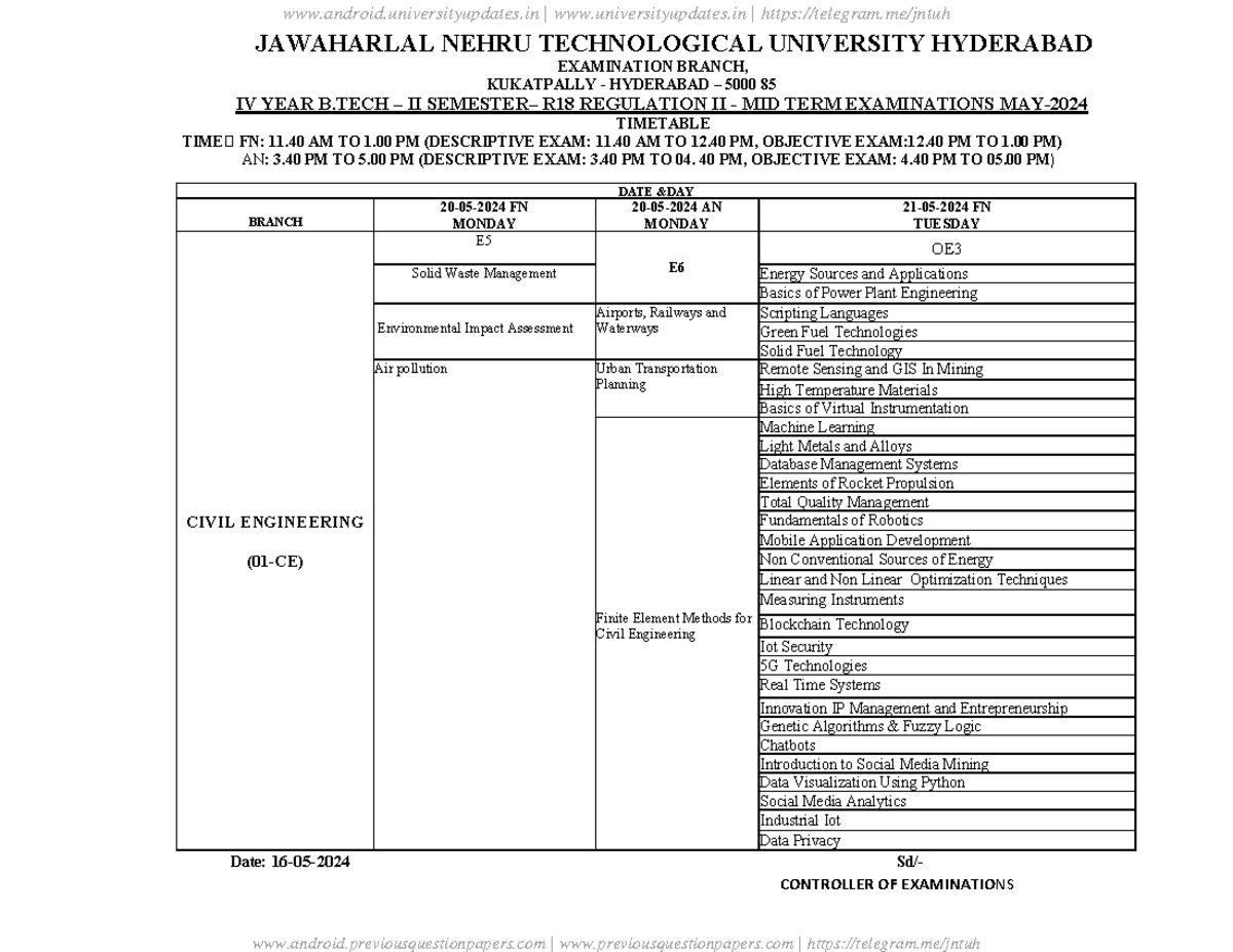 Mid Term Exam Timetable for B.Tech 4-2 R18 - May 2024 - Studocu