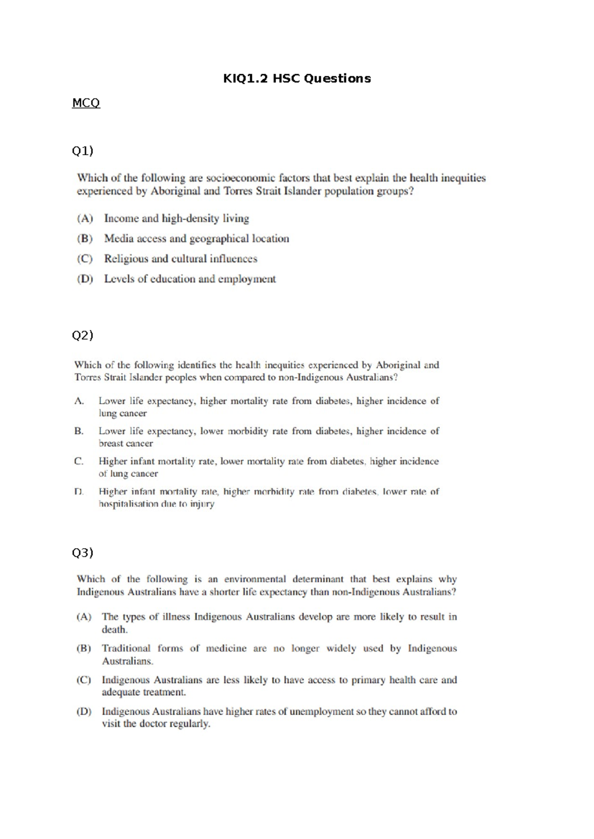 10 - HMS KIQ1.2 HSC Questions - KIQ1 HSC Questions MCQ Q1) Q2) Q3 ...