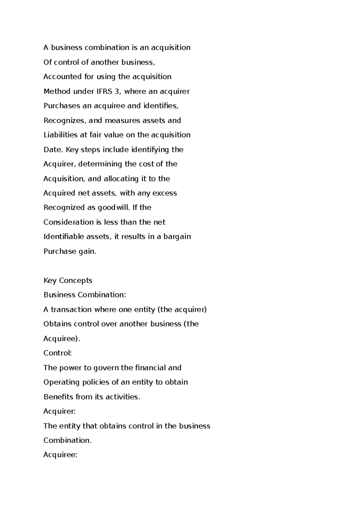 Chapter 3 Summary: Key Concepts of Business Combinations (IFRS 3) - Studocu